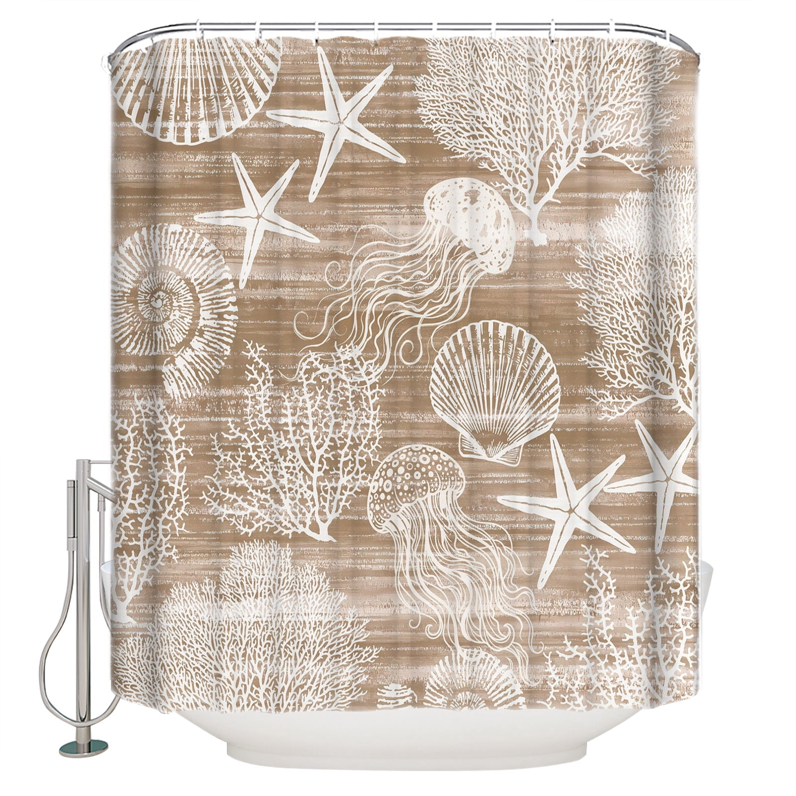 Brown Coastal Bathroom Shower Curtains with 12 Hooks Waterproof Shower ...