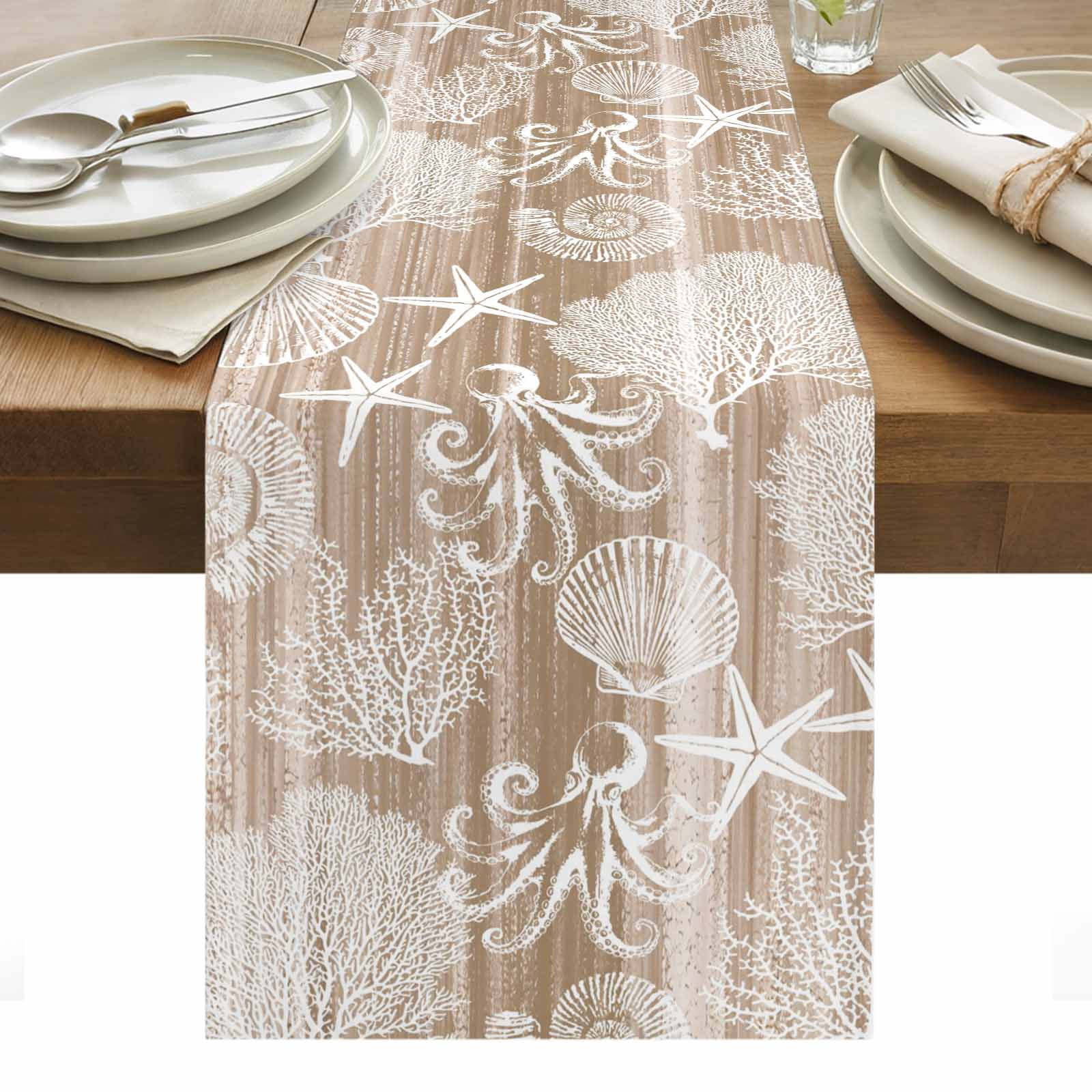 Brown Coastal Cotton Linen Table Runner Nautical Starfish Octopus Coral ...