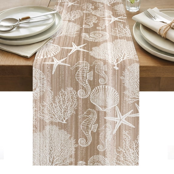 Brown Coastal Cotton Linen Table Runner Nautical Starfish Seahorse ...