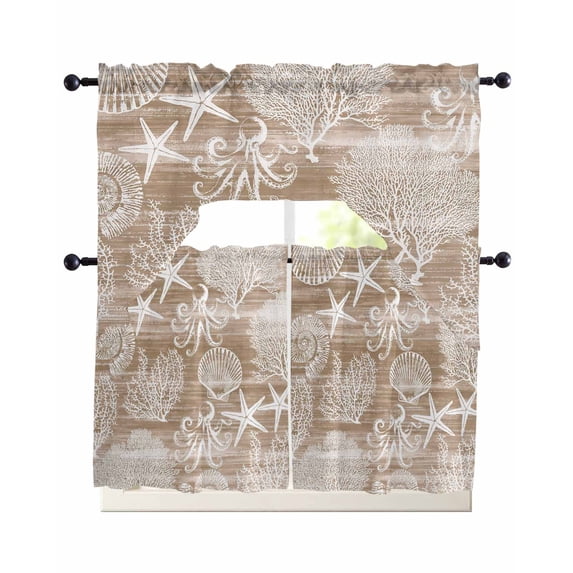 Brown Coastal Kitchen Curtains Sets 24 Inch Length with Valance ...