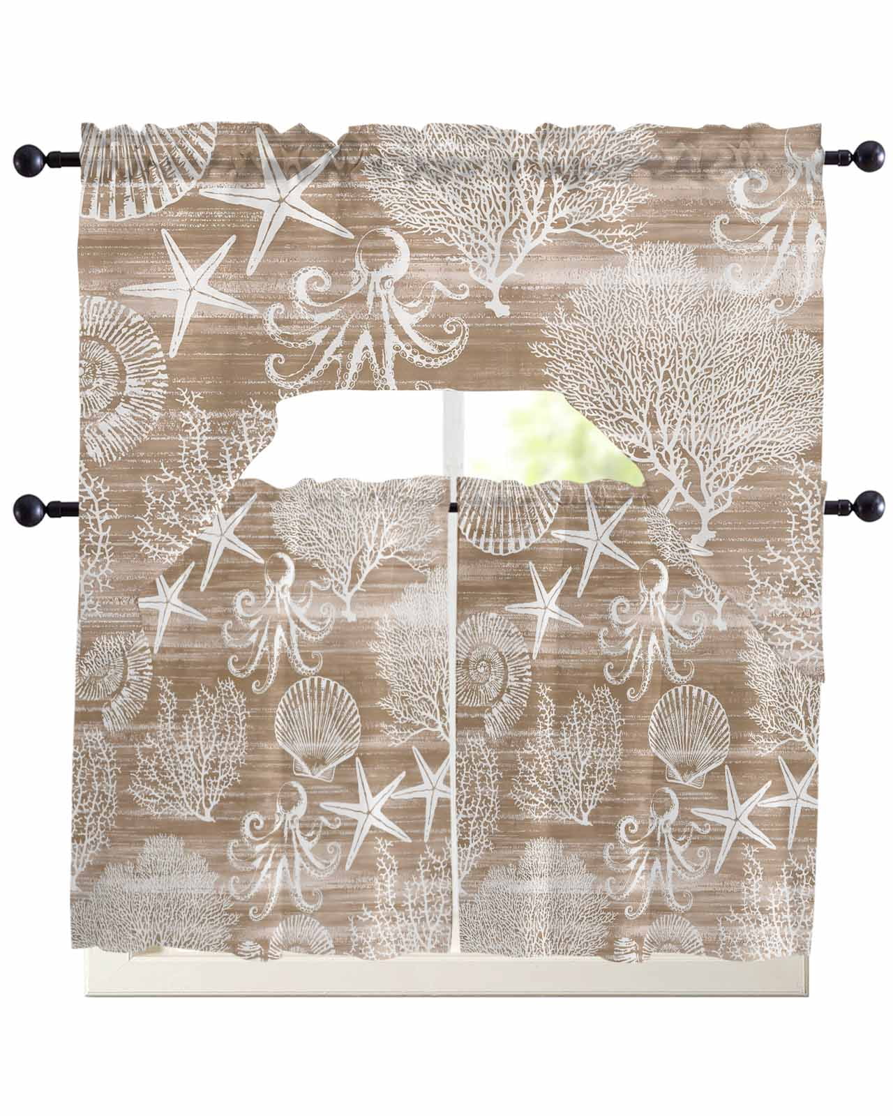 Brown Coastal Kitchen Curtains Sets 36 Inch Length with Valance ...