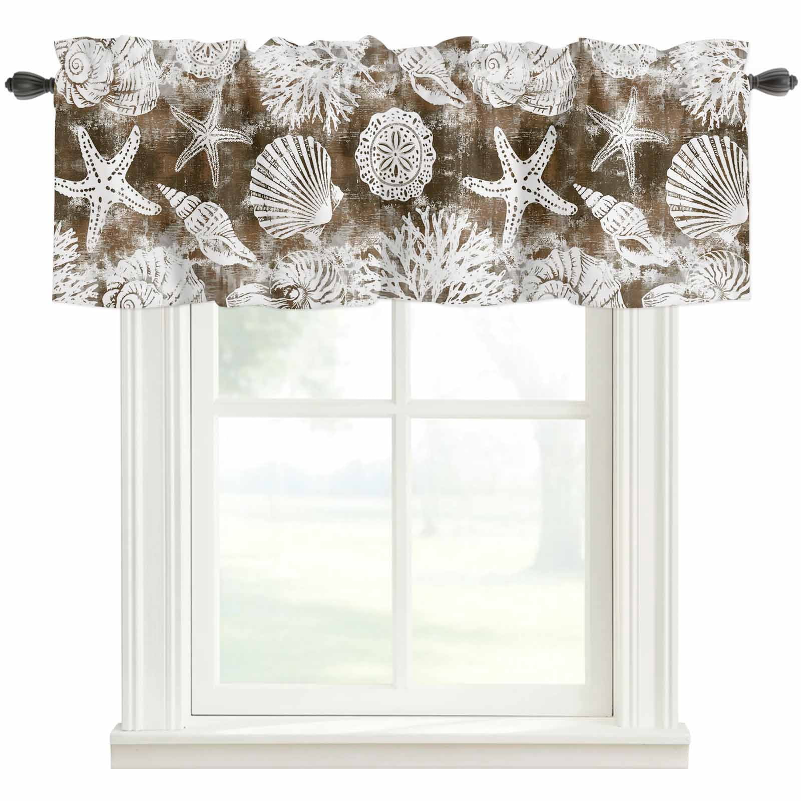 Brown Coastal Rod Pocket Curtain Valance, Modern Oil Painting Starfish ...