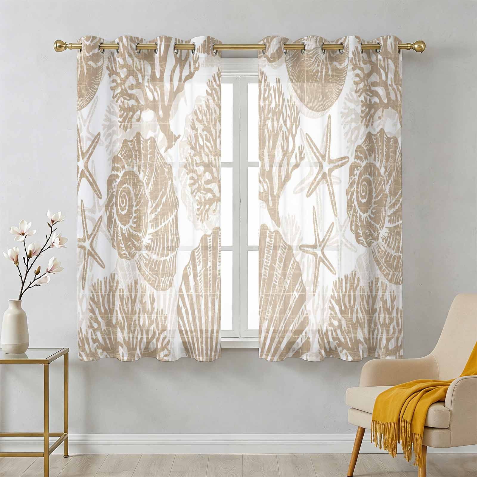 Brown Coastal Sheer Curtains 45 Inch Long 2 Panels, Beach Starfish ...
