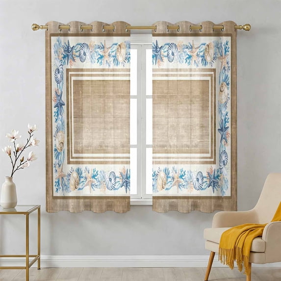 Brown Coastal Sheer Curtains 45 Inch Long 2 Panels, Vintage Beach ...