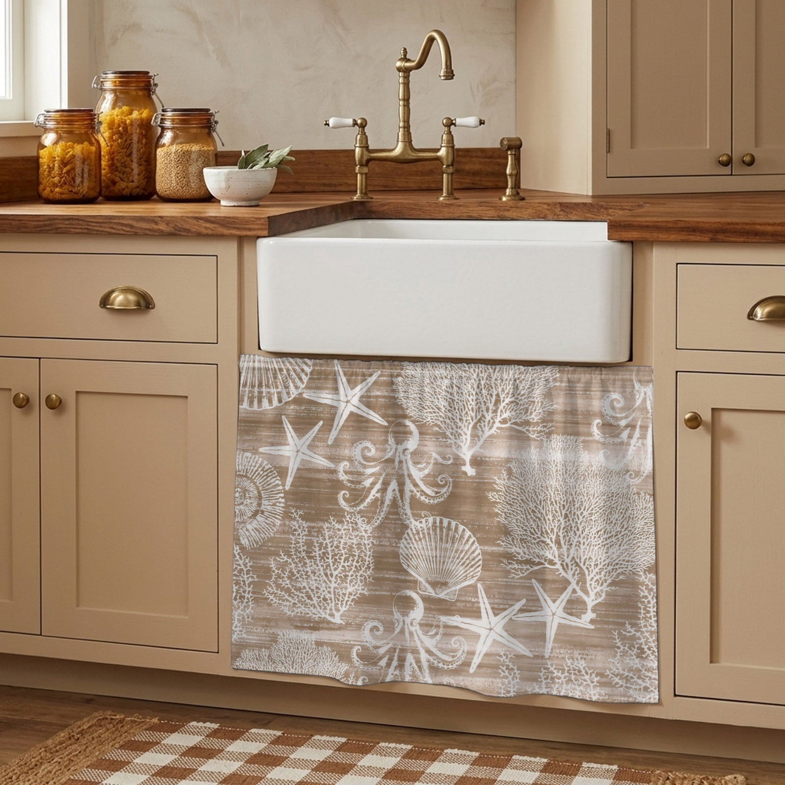 Brown Coastal Small Cabinet Curtains 11"W x 13"L, Nautical Coral ...