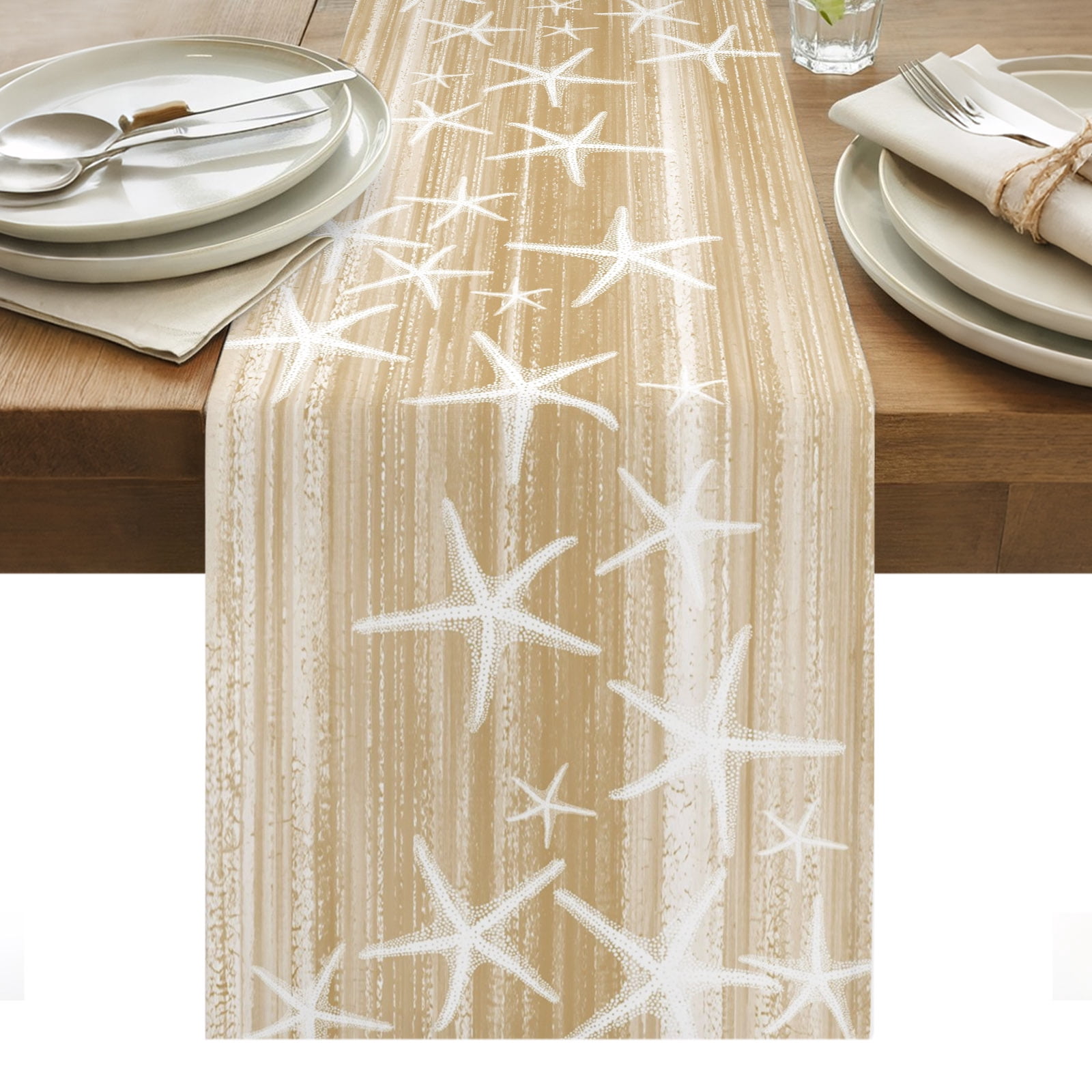 Brown Coastal Starfish Cotton Linen Table Runner Summer Beach Nautical ...