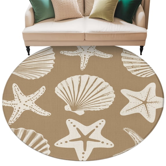 Brown Coastal Starfish Round Rug 5ft Washable Circle Kitchen Rugs Non ...