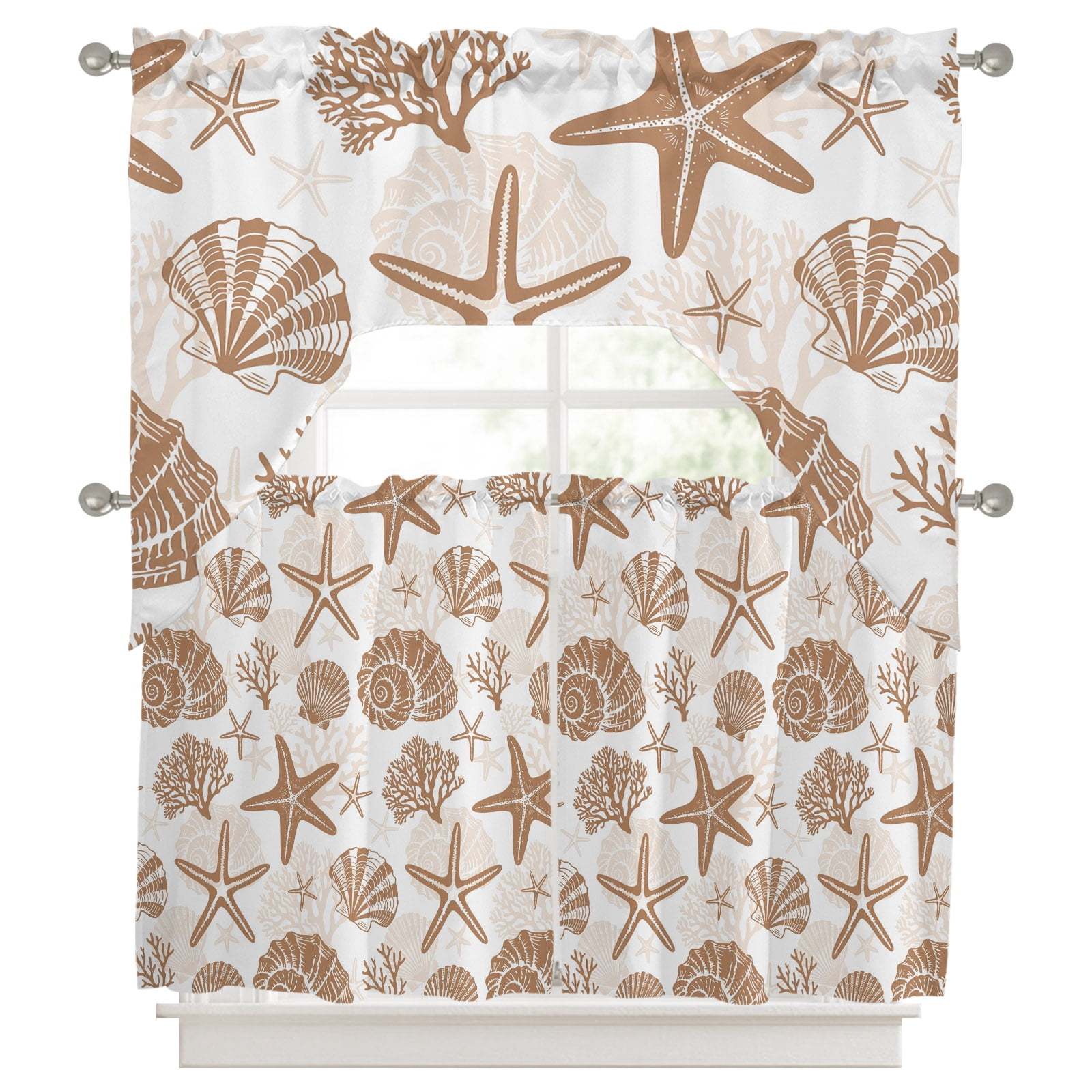 Brown Coastal Summer Kitchen Curtains Swag Valance and Tier Curtains ...
