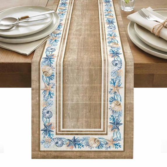 Brown Coastal Table Runner Vintage Summer Beach Coral Shell Starfish ...