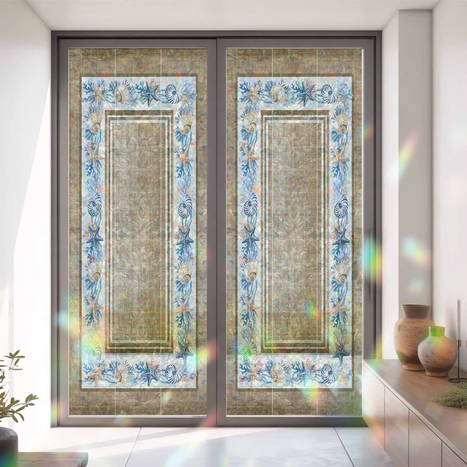 Brown Coastal Window Privacy Film Vintage Beach Starfish Shell Summer ...