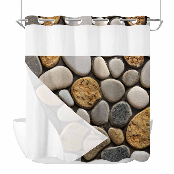 Brown Cobblestone Style No Hook Shower Curtain and Snap in Liner Set ...