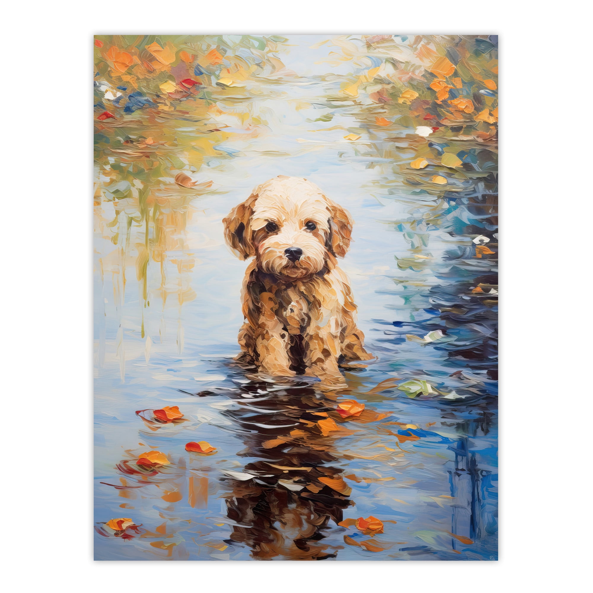 Brown Cockapoo And Autumn Leaves In Lake Claude Monet Style Dog Oil ...