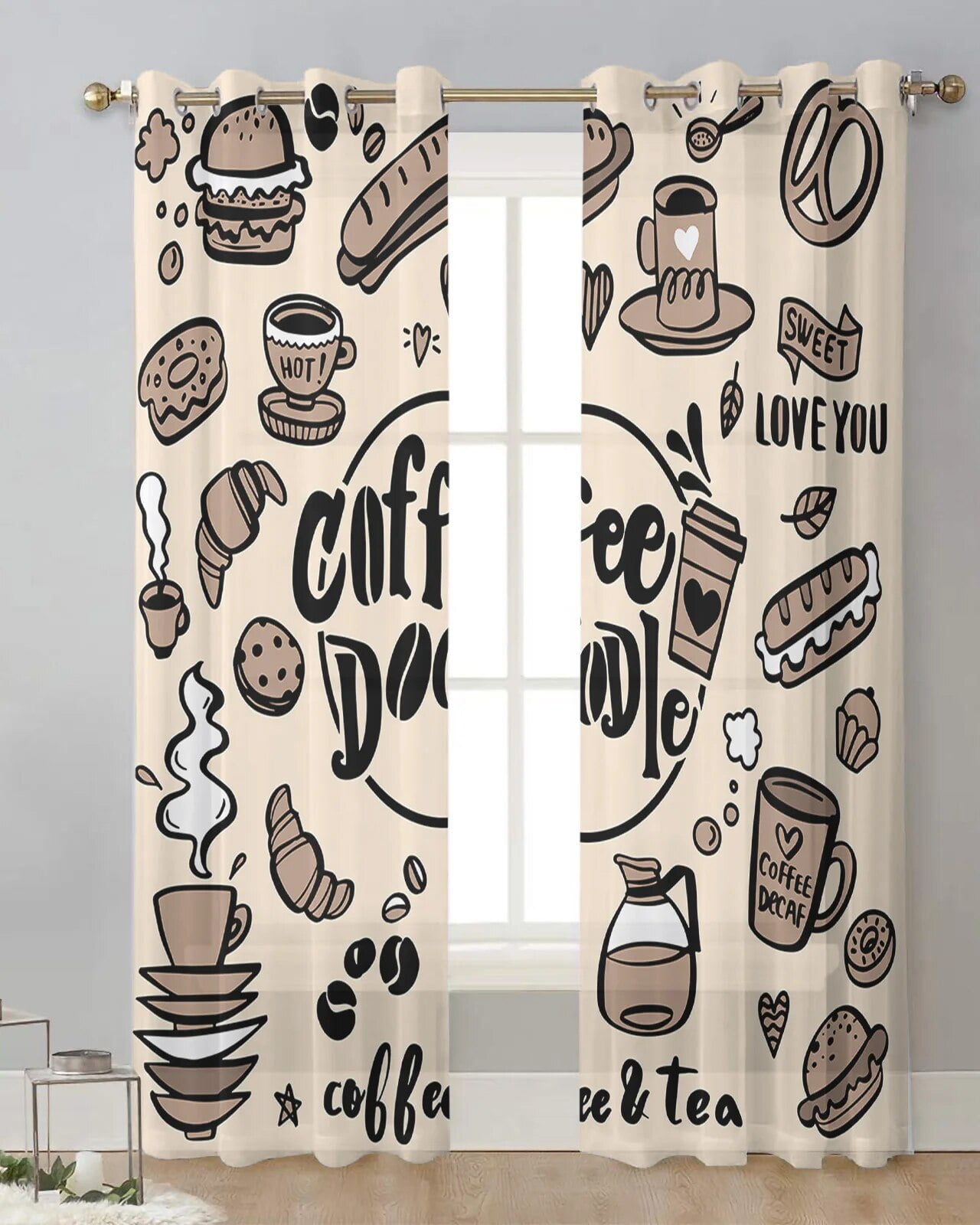 Brown Coffee Beans Bread Burgers Hearts Tulle Drapes Living Room Sheer ...