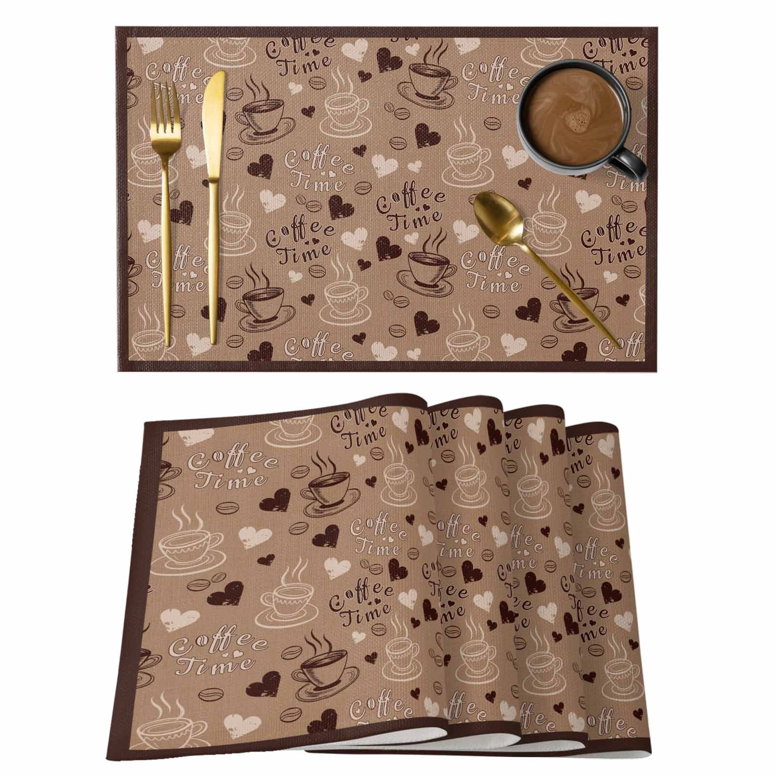 Brown Coffee Cup Placemats Set of 8 Vintage Coffee Beans Love Heart ...