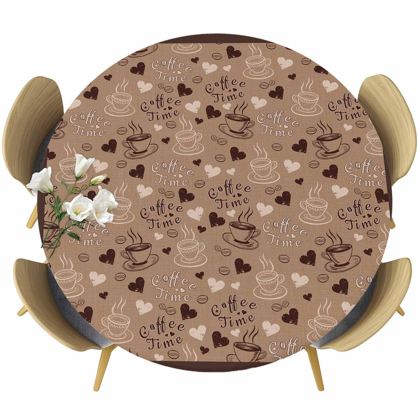 Brown Coffee Cup Round Tablecloth, Fitted Table Cover with Elastic for ...
