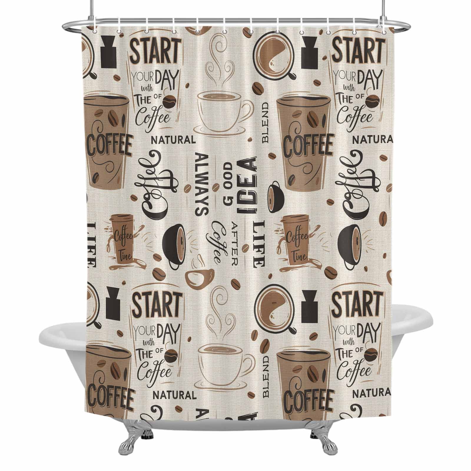 Brown Coffee Cup Shower Curtain Set with Hooks, Vintage Coffee Beans ...