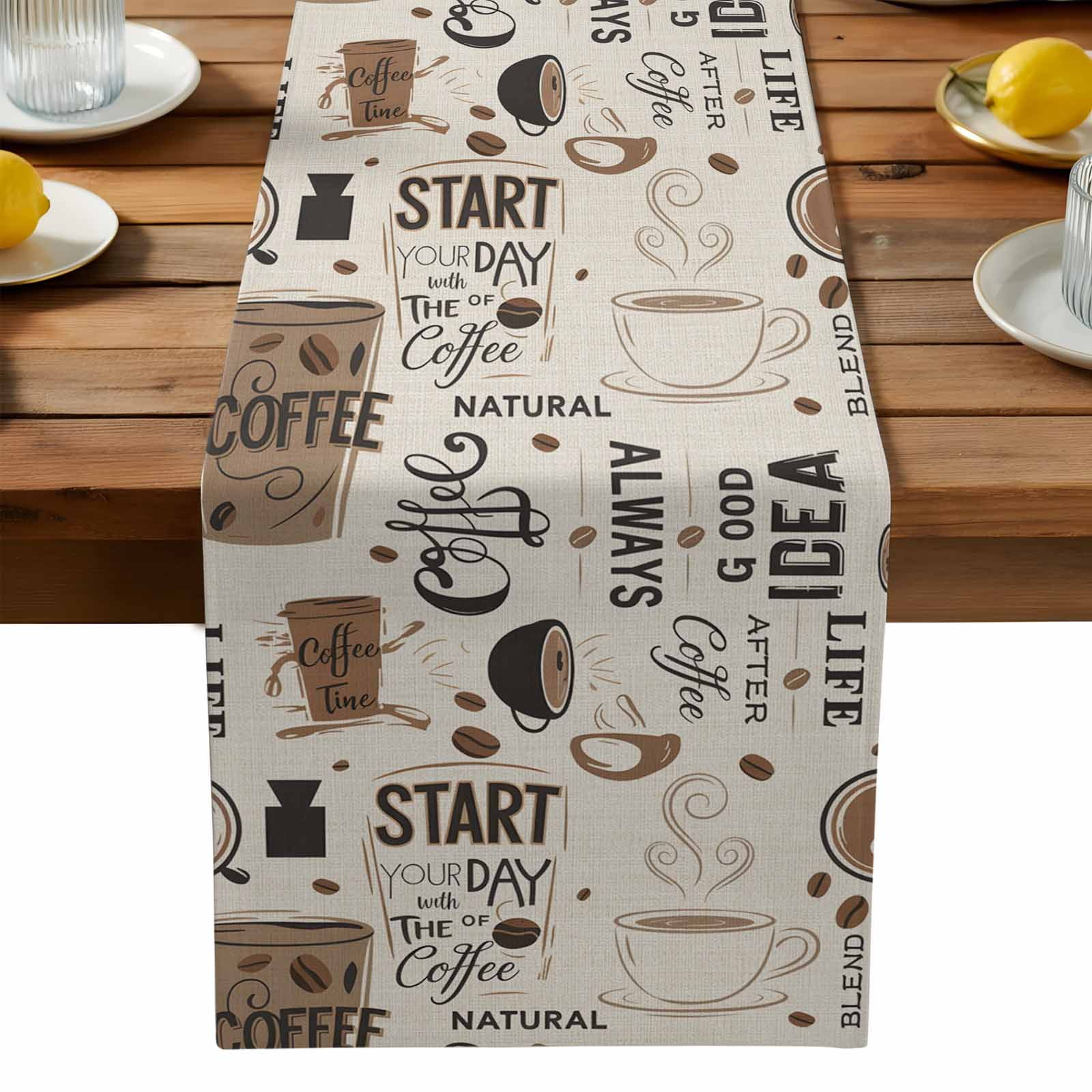 Brown Coffee Cup Table Runner, Vintage Coffee Beans Beige Cotton Linen ...