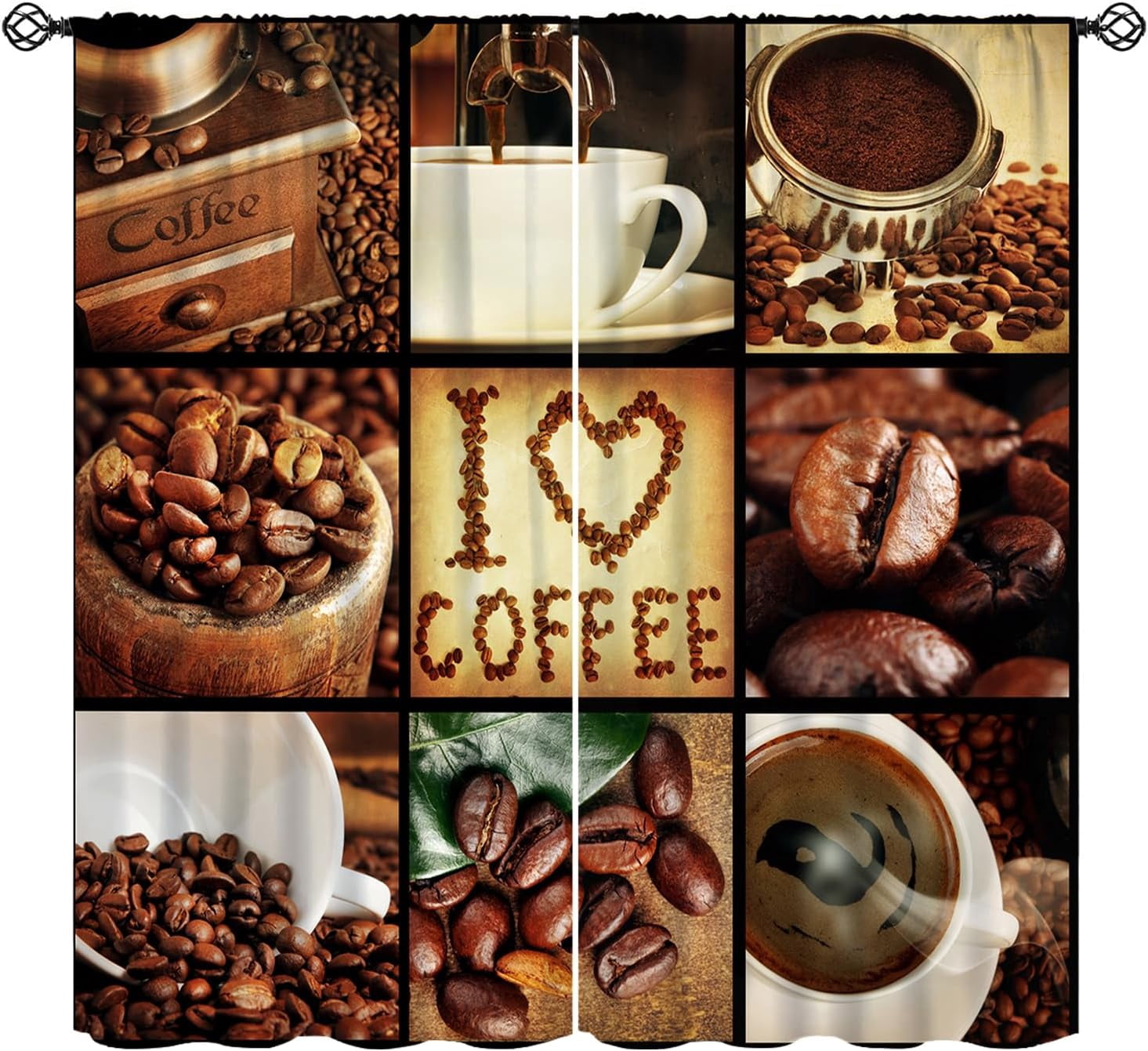 Brown Coffee Curtains, Collage Roasted Beans Brewing Machines Window ...