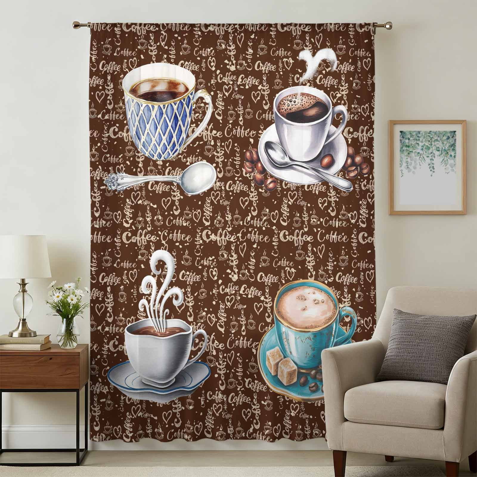 Brown Coffee Farmhouse Sheer Curtains 108 Inches Extra Long, Coffee Cup ...