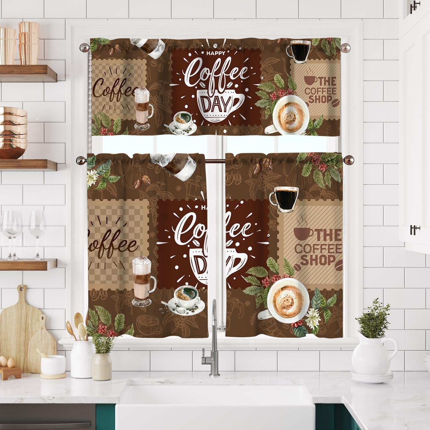Brown Coffee Kitchen Curtains Short and Valance Set Cafe Expresso Chic ...