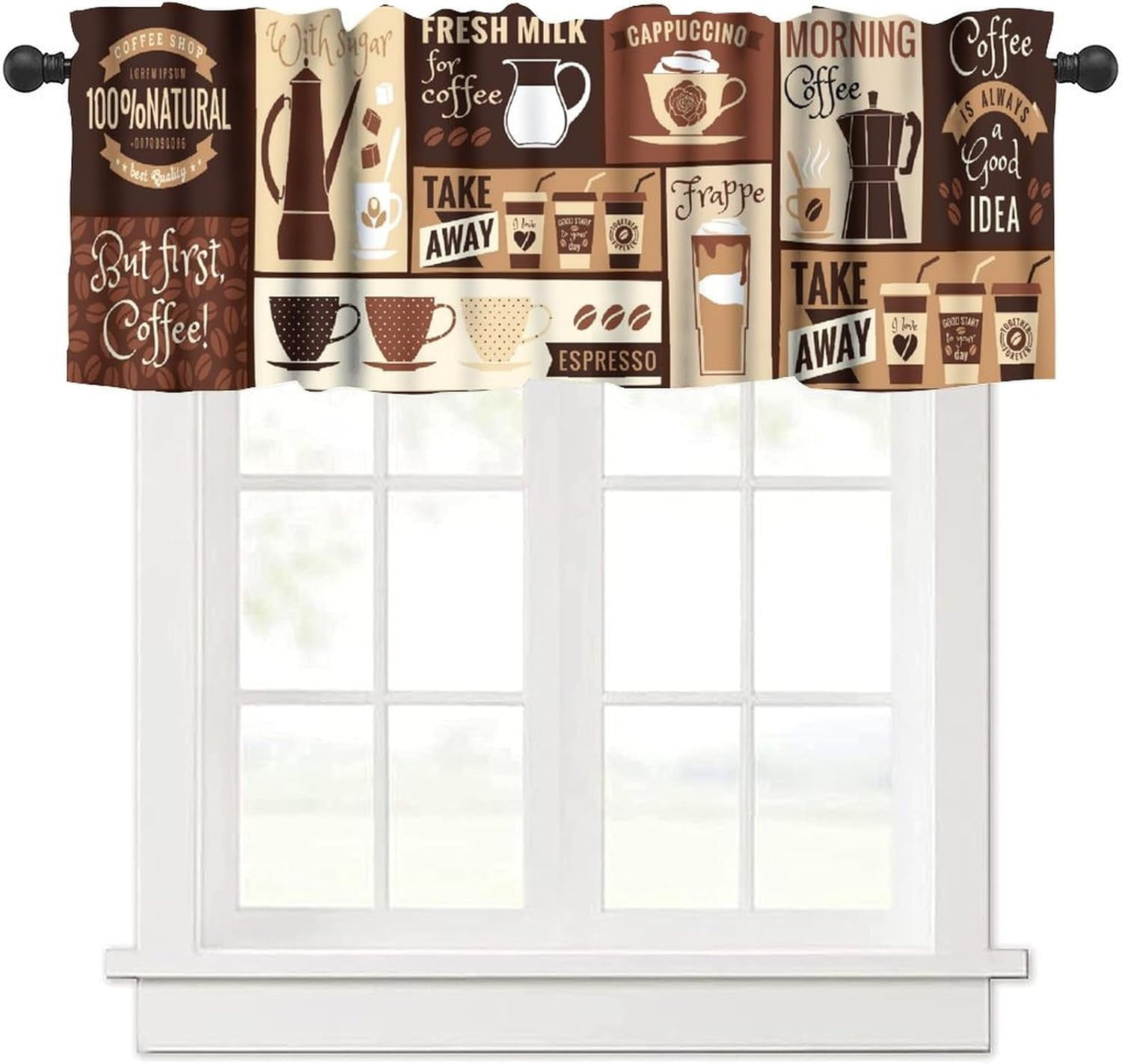Brown Coffee Kitchen Valances Curtain, Vintage Coffee Latte Cappuccino ...