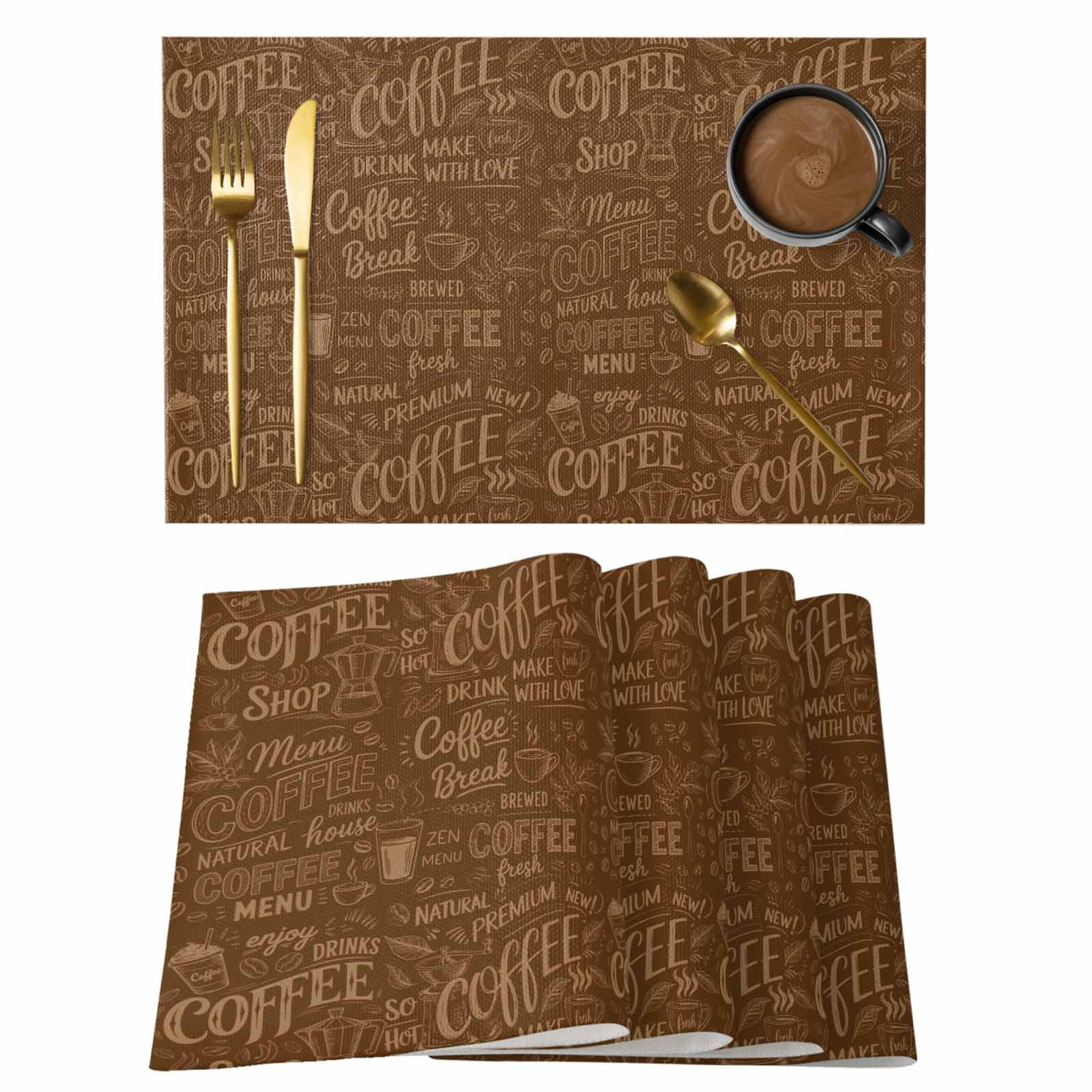Brown Coffee Placemats Set of 8, Farmhouses Vintage Cup Plants Text Art ...