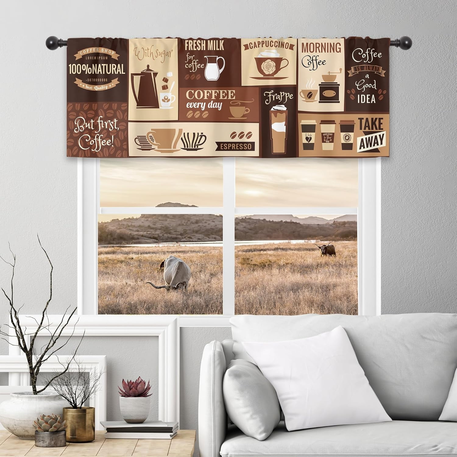 Brown Coffee Valance Coffee Kitchen Curtains 52Wx18H Inch Rod Pocket ...