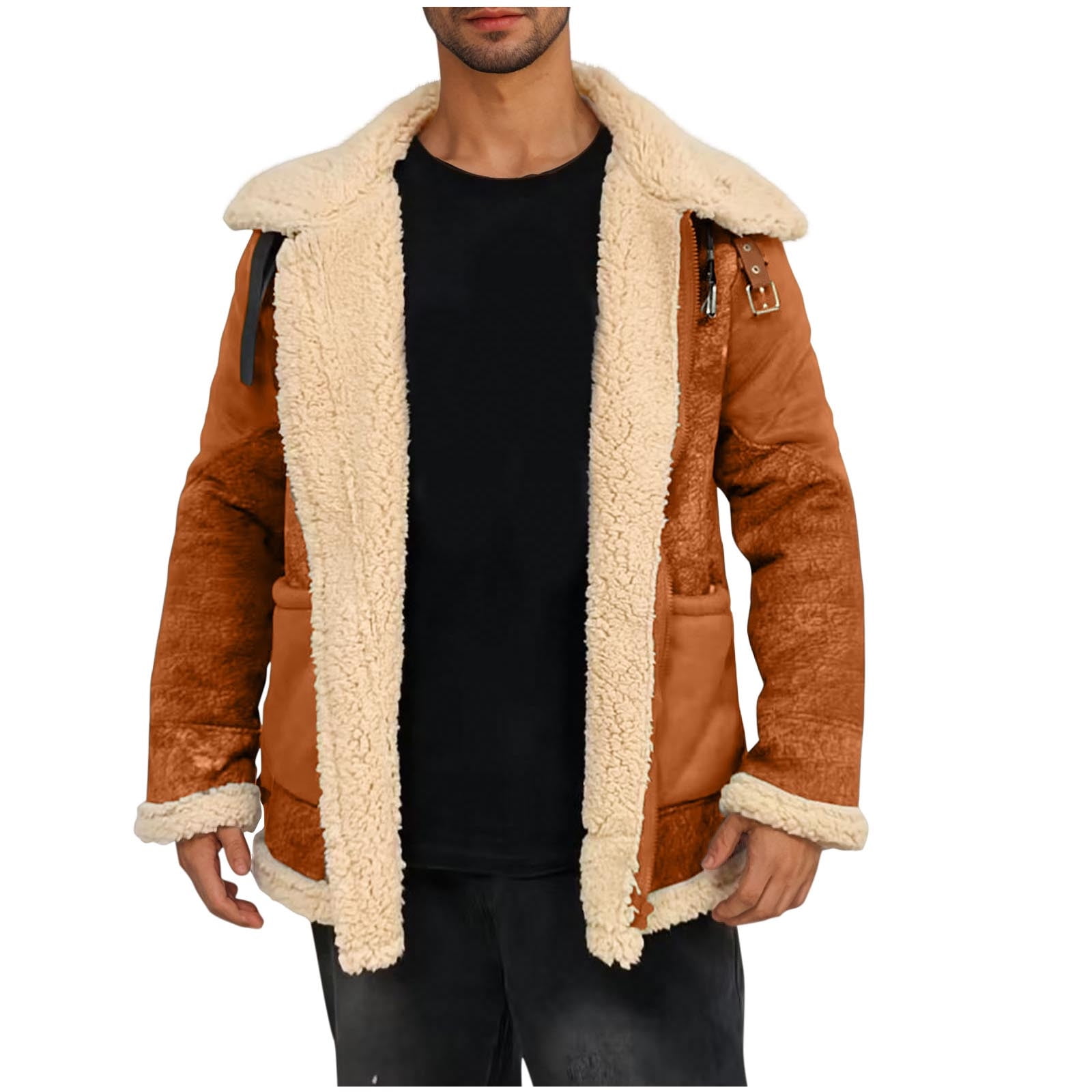 Brown Collared Turtle Neck Faux Fleece Lined Wool Pleather Coat for Man ...