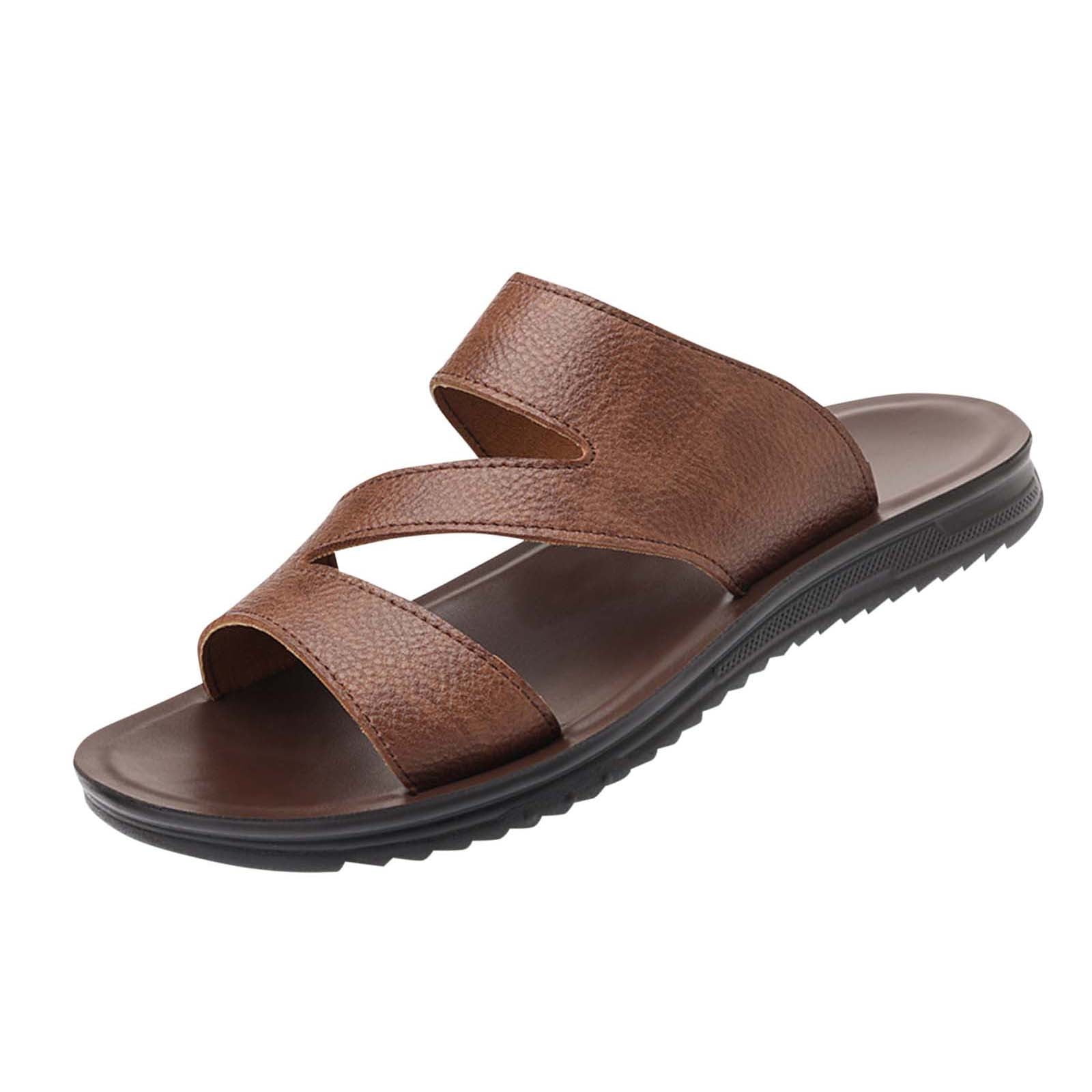 Brown Comfortable Open Toe Sandals Men Top Layer Cowhide Soft Sole ...
