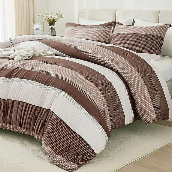 Brown Comforter Set Queen - 3 Pieces Lightweight Brown White Colorblock ...