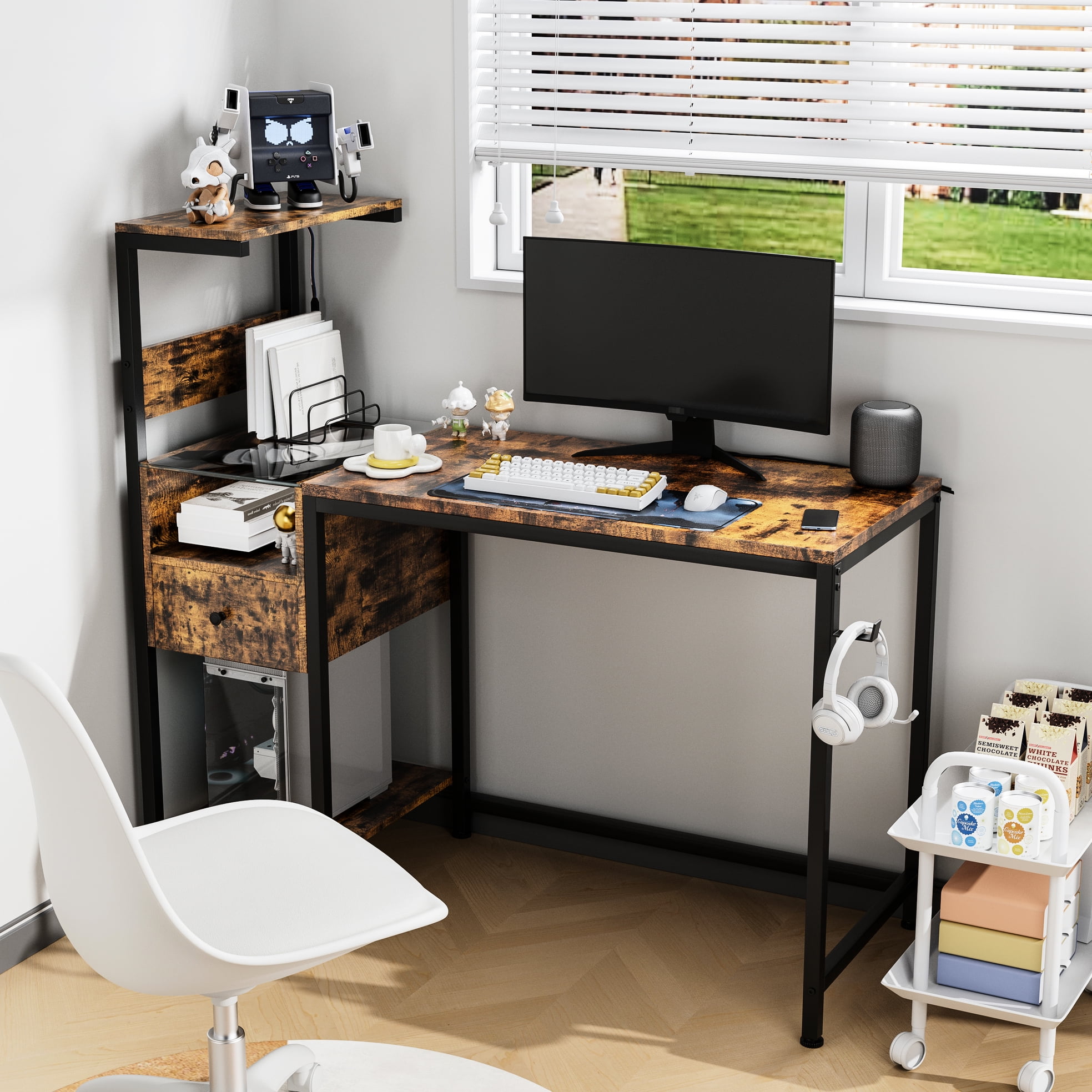 Brown Computer Desk With Power Socket & Shelf Units, Reversible Alignment, Framework, Led Lights ...
