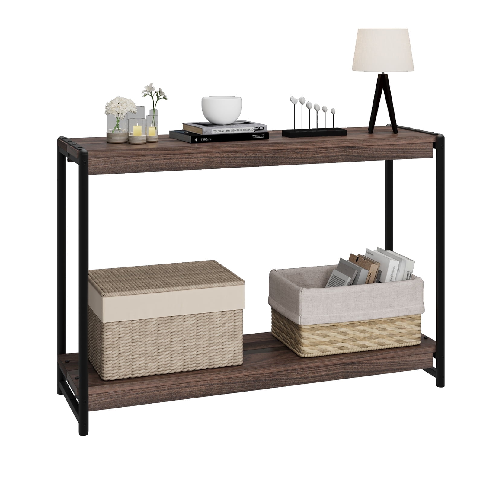 Brown Console Table, 39.5" Entryway Table with Storage, Slatted Style 2 ...