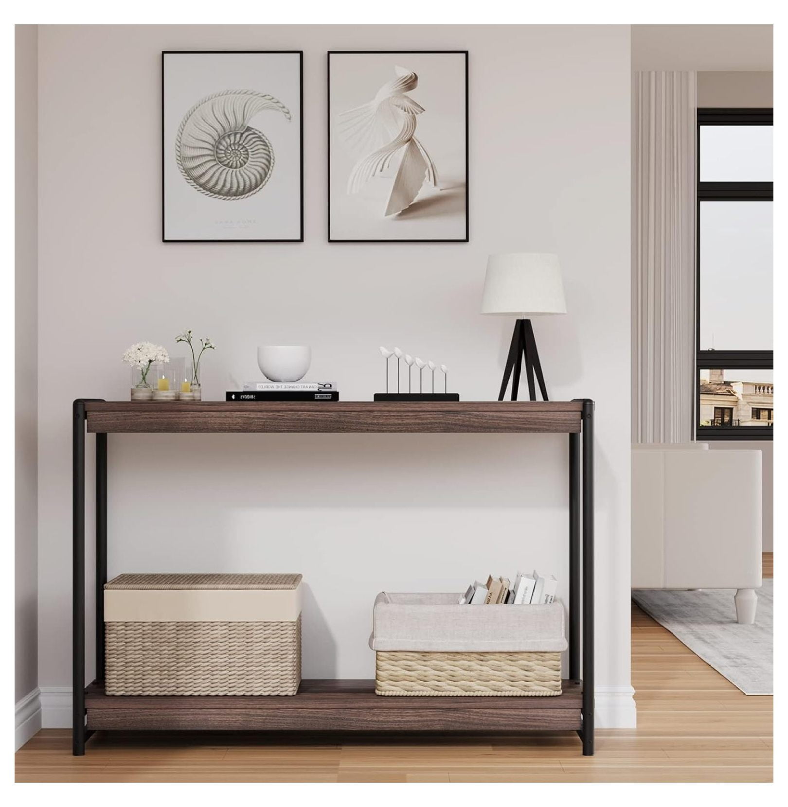 Brown Console Table, 40" Entryway Table, Slatted 2-Tier Sofa Table with ...