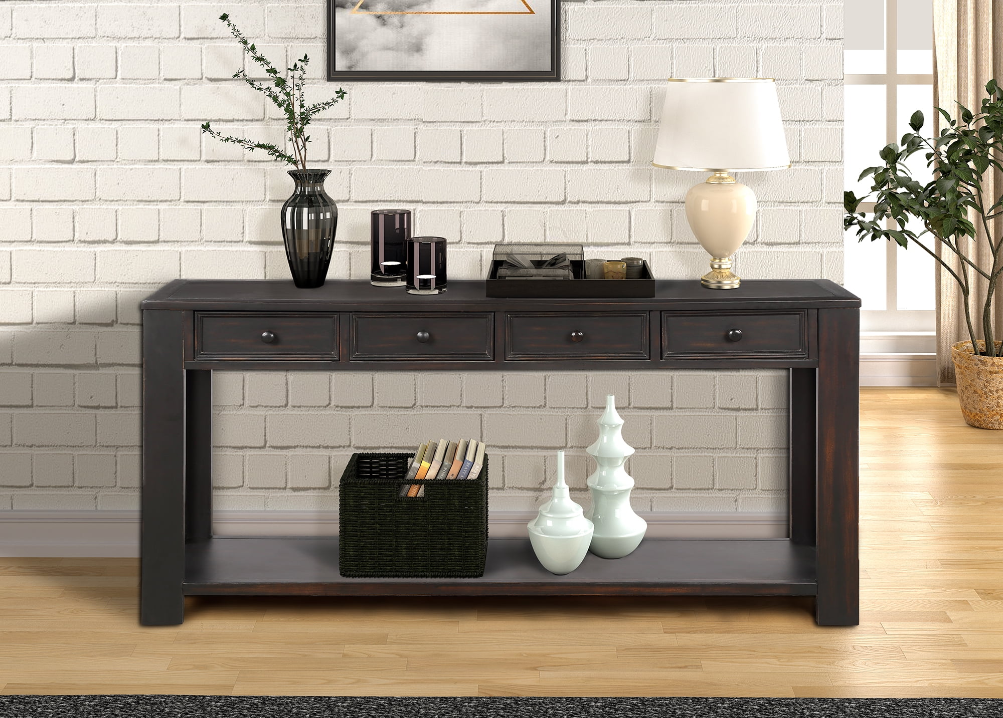 Brown Console Table with Bottom Shelf, SEGMART 64'' x 15'' x 30 ...