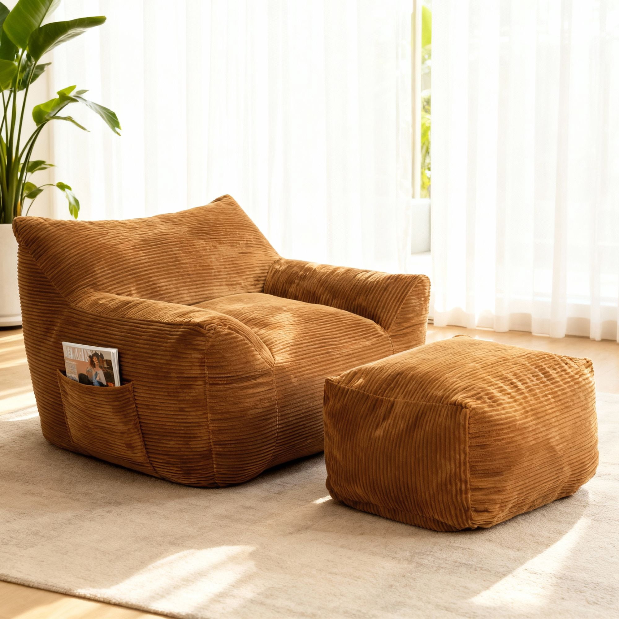 Brown Corduroy Oversized Bean Bag Chair – Comfy Adult Lazy Sofa for ...