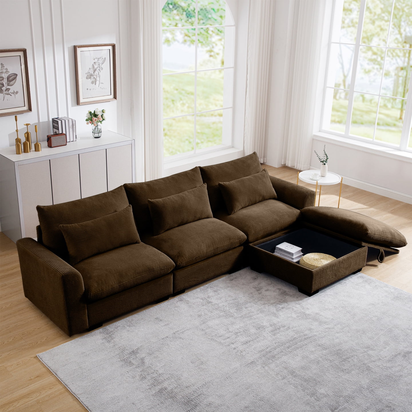 Brown Corduroy Sectional Sofa, L-Shaped Modular Couch with Storage Footstool and Pillows ...