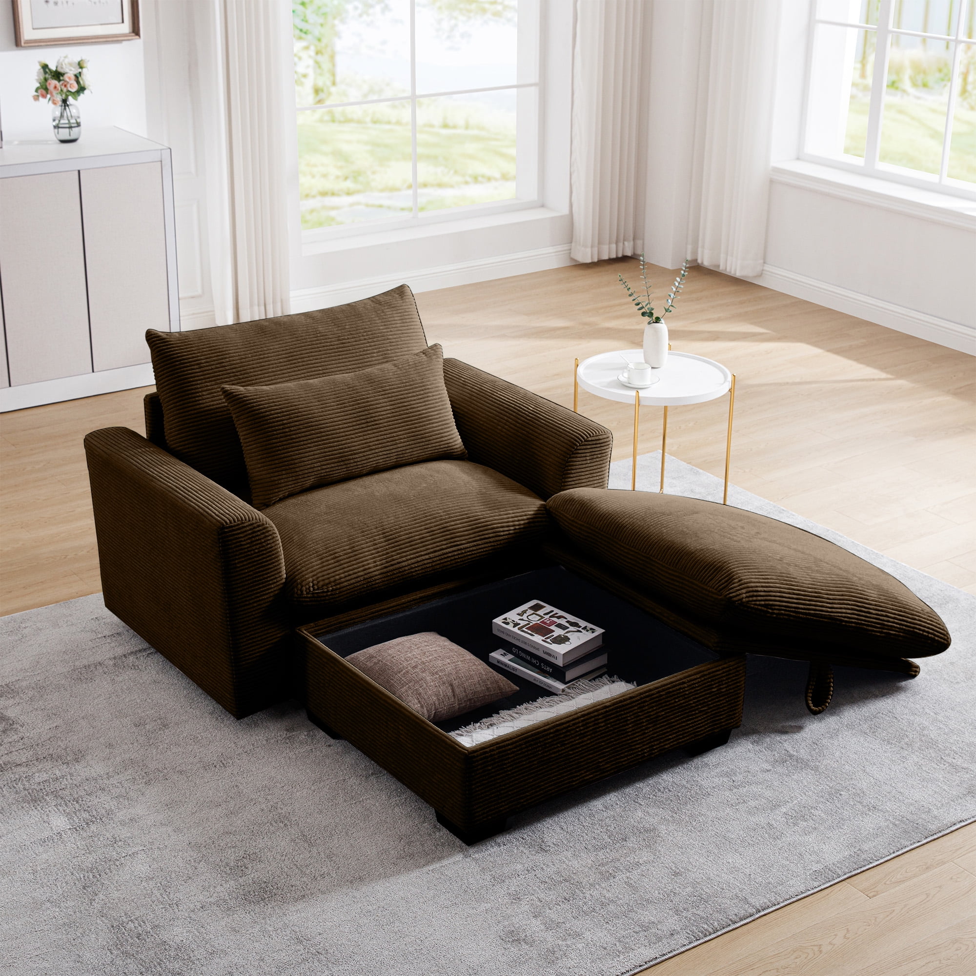 Brown Corduroy Sofa Couch, Modular Couch with Storage Ottoman, Couch ...