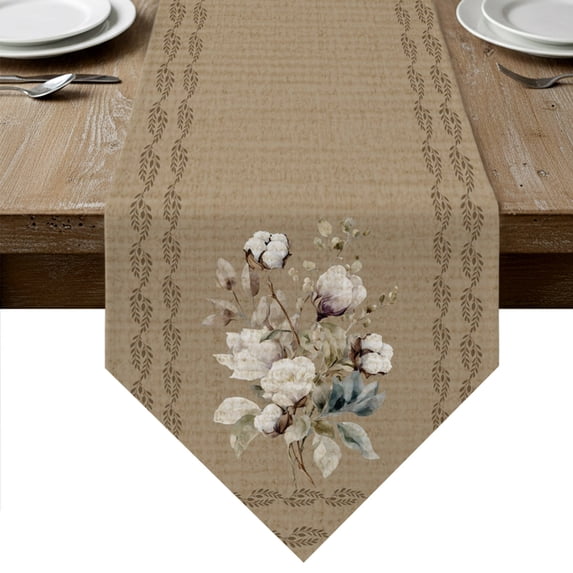 Brown Cotton Flowers Table Runner Linen Burlap Table Runner 48 Inches ...