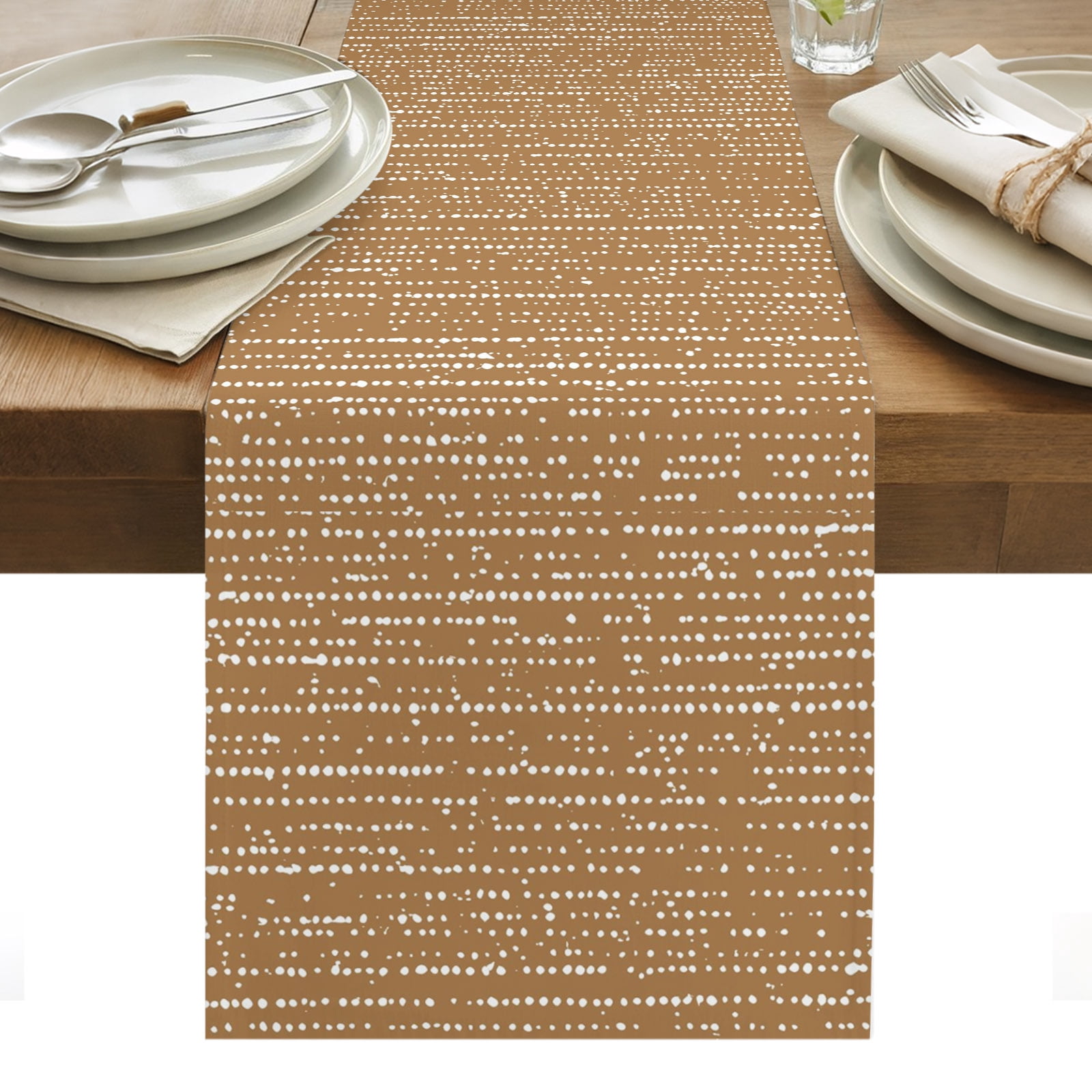 Brown Cotton Linen Table Runner White Dots and Lines Fiber Abstract Art ...