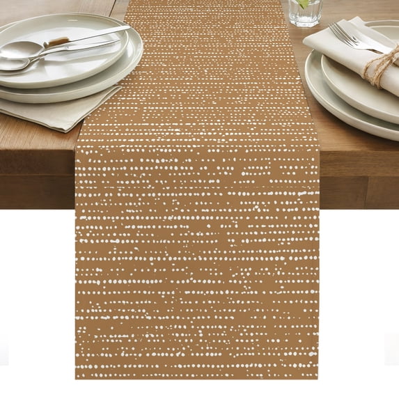 Brown Cotton Linen Table Runner White Dots and Lines Fiber Abstract Art ...