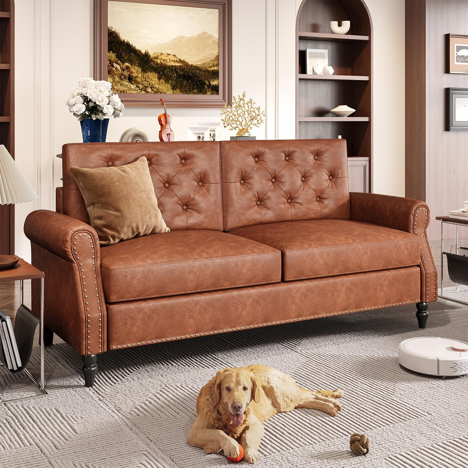 Brown Couch, 73-inch Sofa, Faux Leather Couches, Office Sofa with ...