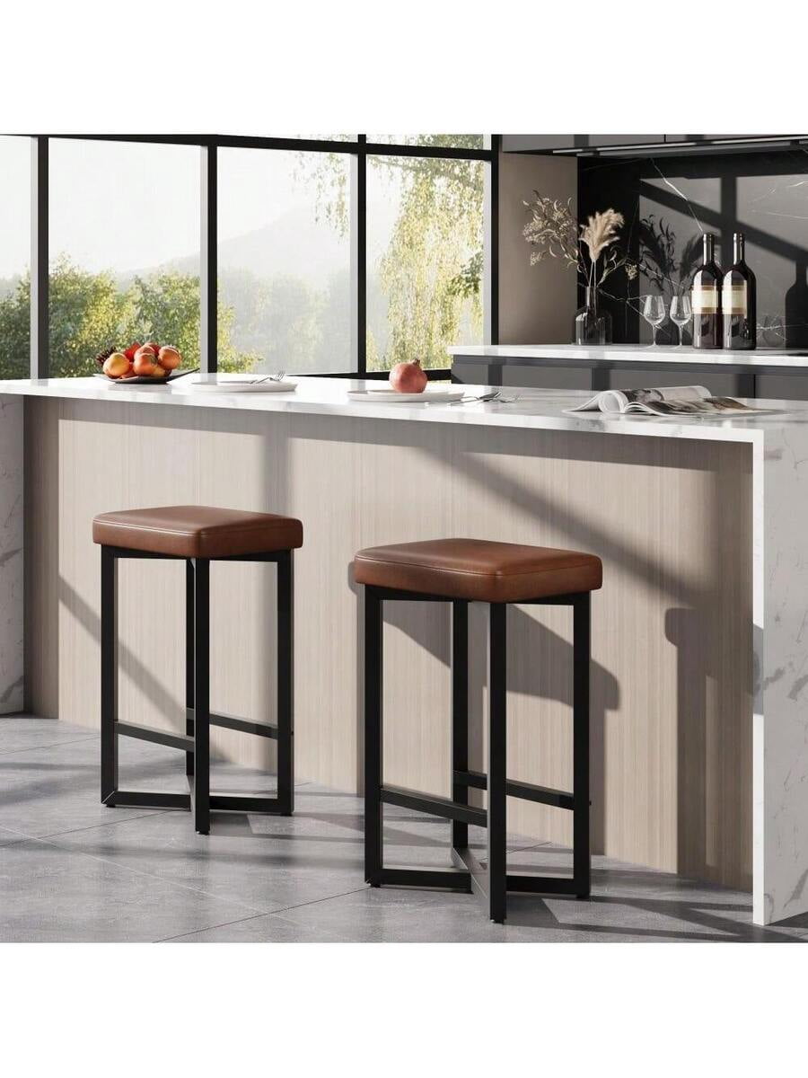 Brown Counter Height Bar Stools Set Of 2, 24.6 Upholstered Backless ...