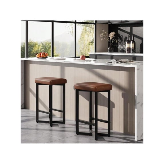 Brown Counter Height Bar Stools Set Of 2, 24.6 Upholstered Backless ...