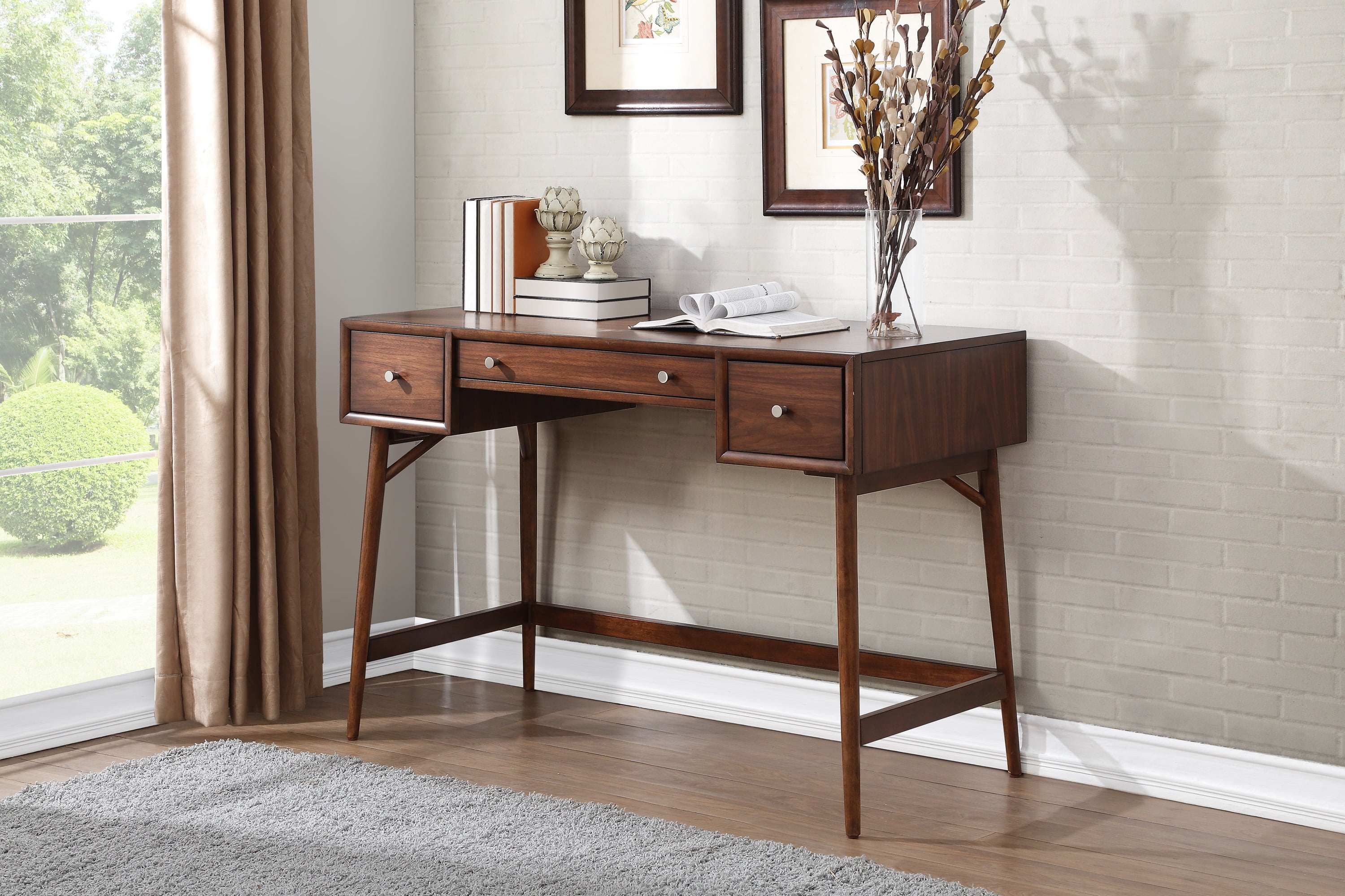 Brown Counter Height Writing Desk with Storage Drawers, Walnut Veneer ...
