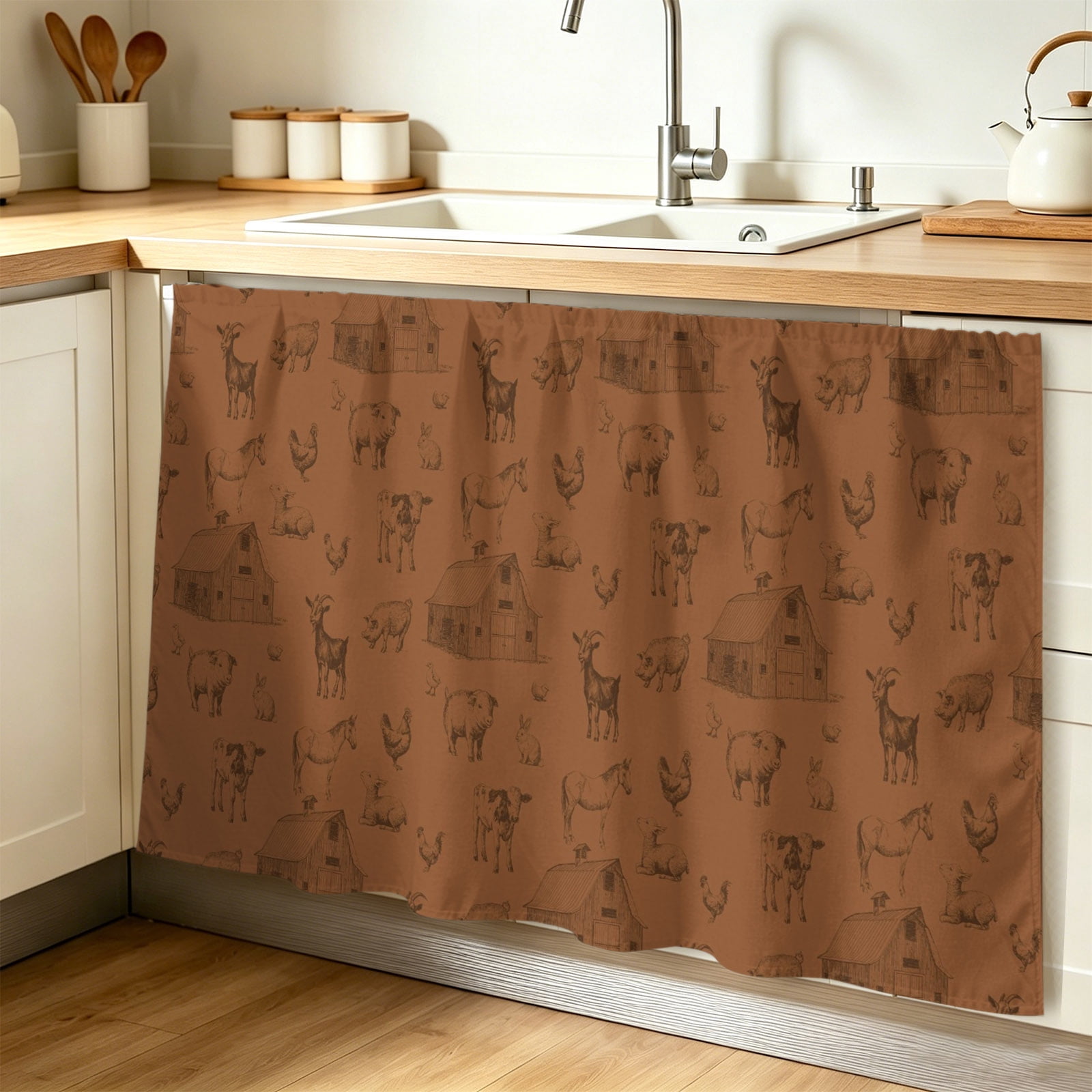 Brown Country Cabinet Curtain 28"W x 51"L, Farmhouse American Rustic ...