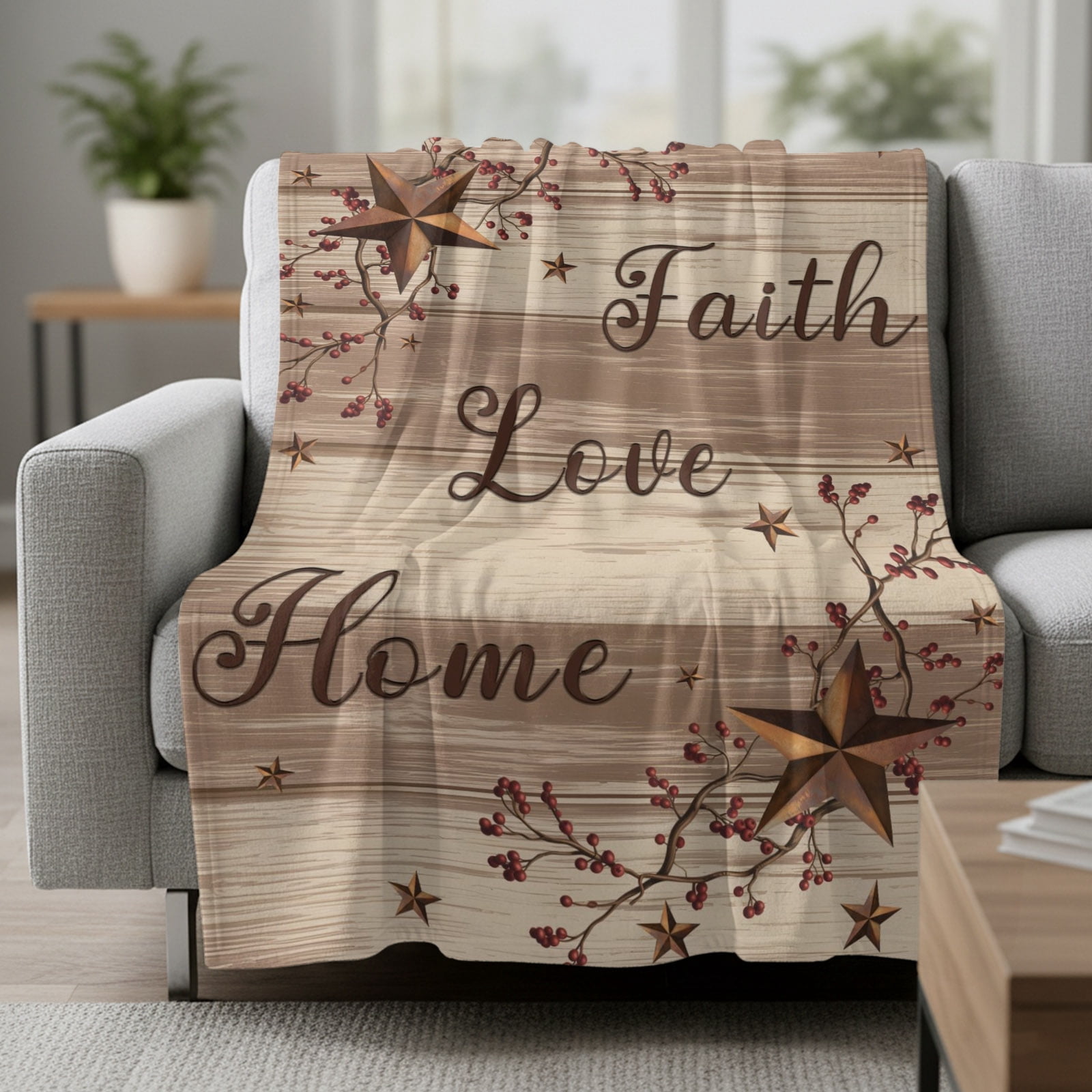 Brown Country Stars Fleece Throw Blanket Retro Faith Love Home Berries ...