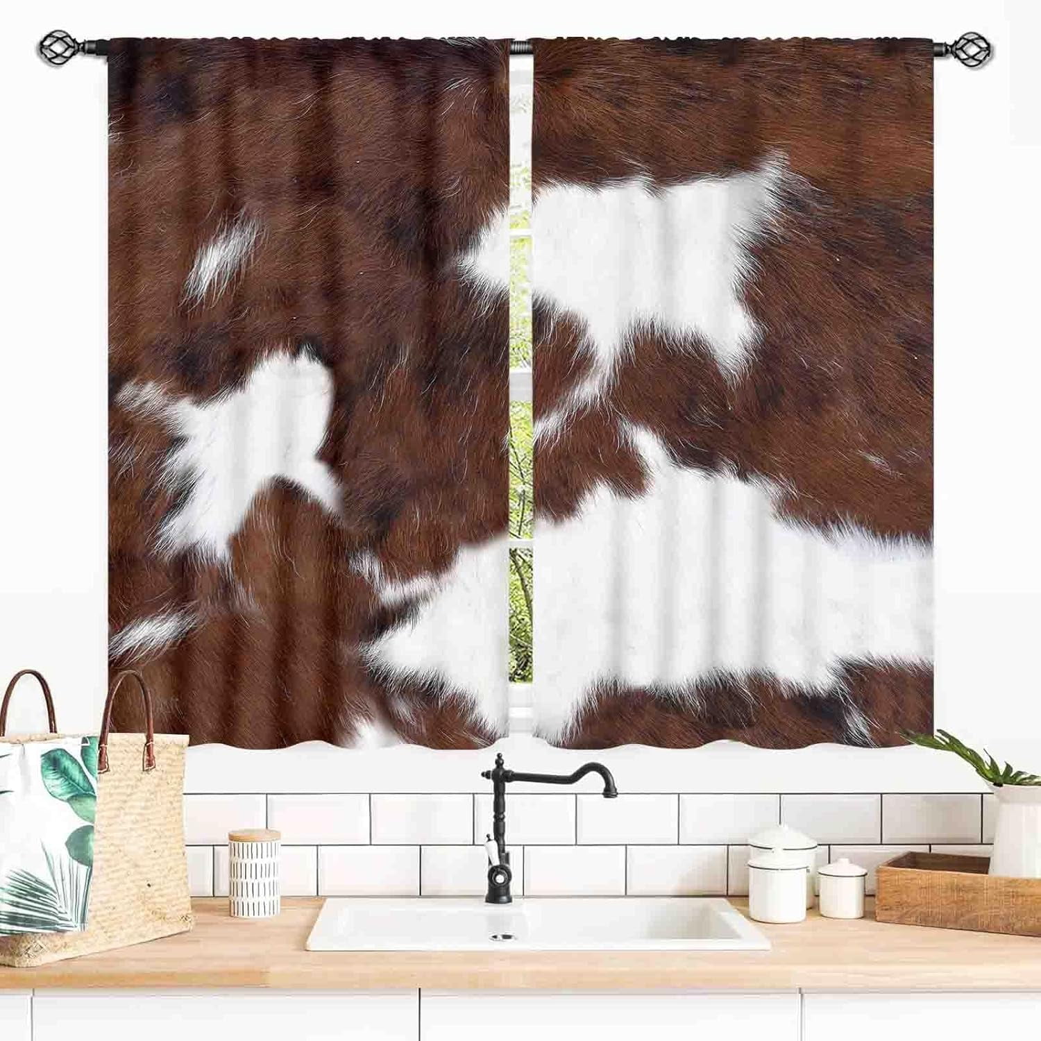 Brown Cow Print Curtains, Rustic Western Cowhide Highland Cow Fur Skin ...