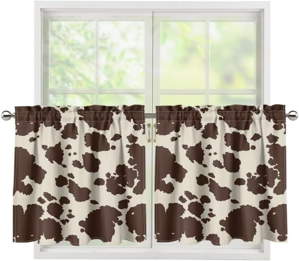 Brown Cow Print Kitchen Curtains Tiers Set of 2 Rustic Farmhouse Short ...
