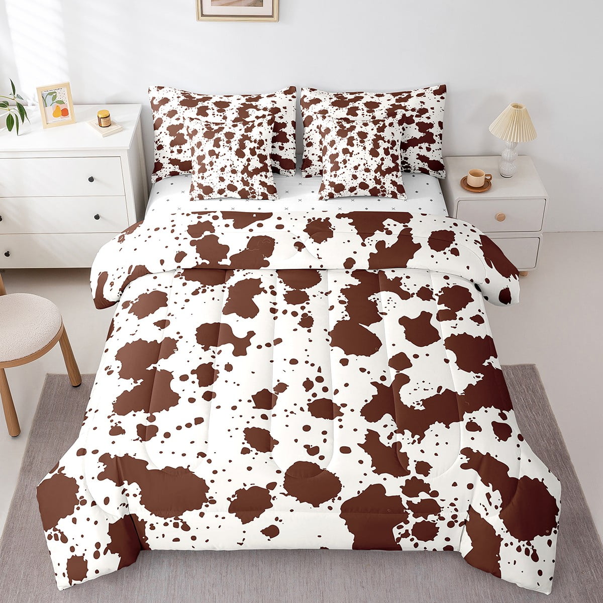 Brown Cow Print Queen Comforter Set 7pcs Farmhouse Animal Bedding ...
