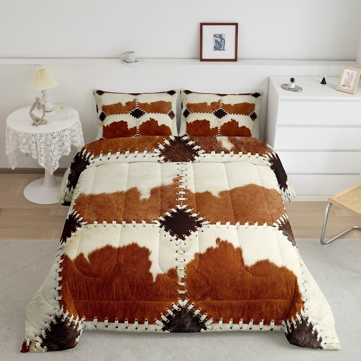Brown Cow Print Queen Comforter Set Men,Cattle Highland Cow Cowhide ...